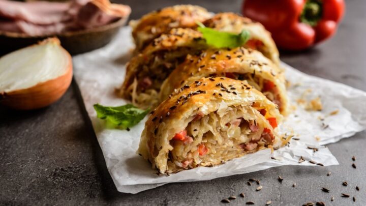 Savoury strudel with cabbage, bacon, capsicum and onion - Starts at 60