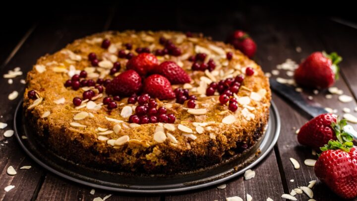 Homemade lemon raspberry polenta cake with strawberries - Starts at 60